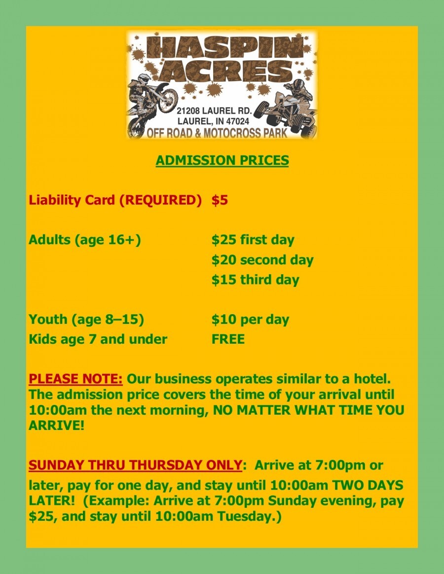 Park Info - Admission Prices | Haspin Acres